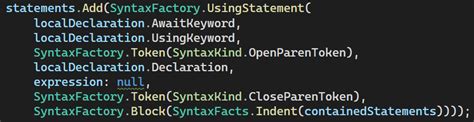 syntaxfactoryingstatement incorrectly annotates declaration and