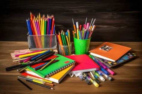 School Supplies Including Different Types Of Notebooks And Pens On A Wooden Table Stock