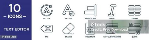 텍스트 편집기 개요 아이콘 세트에는 얇은 줄 문자 오른쪽 정렬 열 지우개 왼쪽 정당화 인용문 보고서 태그 아이콘 프리젠 테이션