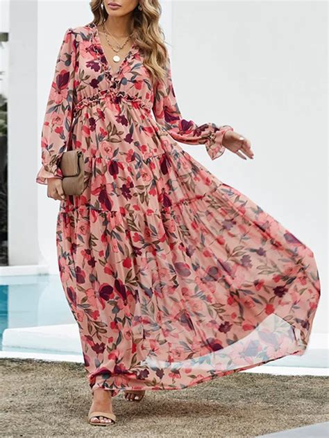 Graceful High Waisted Long Sleeves Floral Print Maxi Dresses