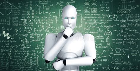 Xai Thinking Ai Humanoid Robot Analyzing Screen Of Mathematics Formula And Science Stock