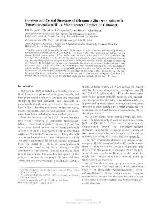 Pdf Isolation And Crystal Structure Of Hexamethylbenzenegalliumi
