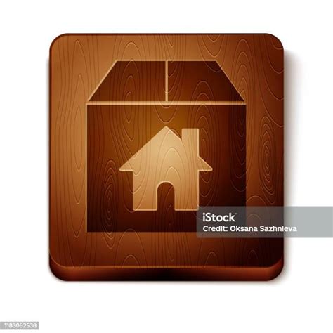 흰색 배경에 격리 된 집 기호 아이콘갈색 골판지 상자입니다 상자 포장 소포 기호 배송 운송 및 배송 나무 사각형 버튼입니다 벡터