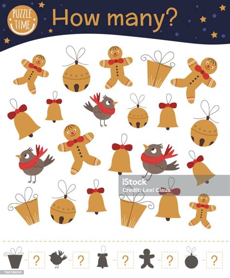 진저 브레드 남자 벨 선물 새와 크리스마스 계산 게임 미취학 아동을위한 겨울 수학 활동 얼마나 많은 개체 워크 시트입니다 귀여운 재미있는 사진과 교육 수수께끼 0명에 대한