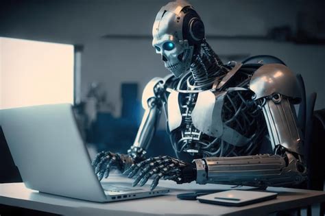 Premium Ai Image Shiny Chrome Exoskeleton Android Robot Typing On A