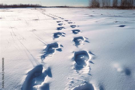 Nature Winter And Travel With Footsteps In Snow For Explore