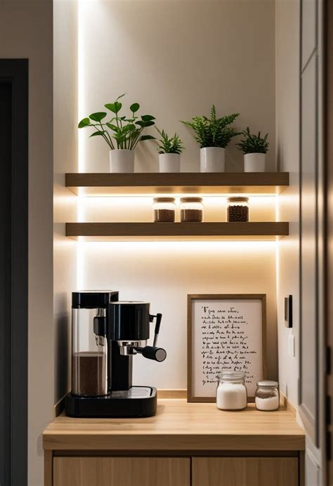 Modern Coffee Station Idea With Soft Lighting And Minimalist Style