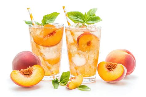 Refreshing Peach Iced Tea Served In Clear Glasses With Fresh Peach Slices On A Clean White