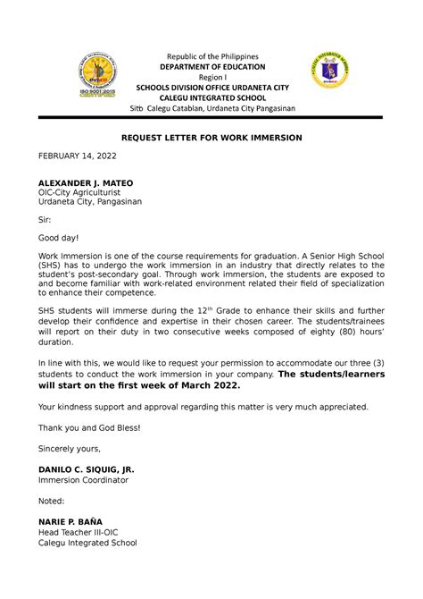 Work Immersion Quizalize Letter For Work Immersion Docx Request Letter