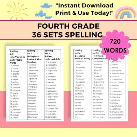 Fourth Grade Spelling List And Spelling Cards Grade 4 Spelling