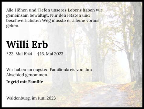 Traueranzeigen Von Willi Erb Trauerundgedenken De