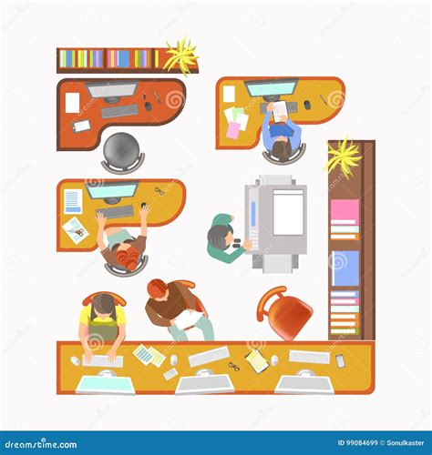 Angular Office Tables And Workers That Do Job Stock Vector