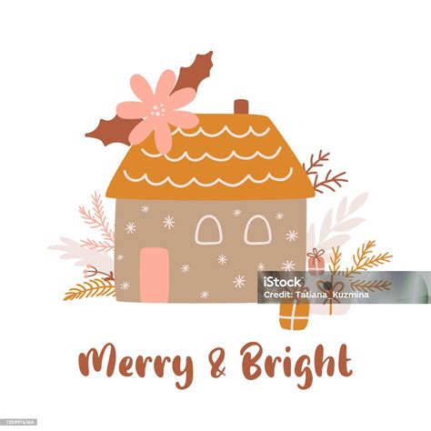 흰색에 고립 된 꽃 핑크 크리스마스 하우스 손으로 그린 겨울 그래픽 요소 장식 집 메리와 밝은 텍스트 새해 벡터 일러스트레이션