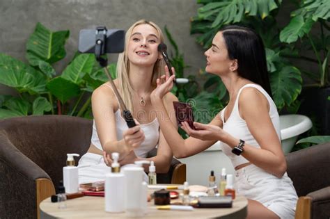 Young Woman Making Beauty And Cosmetic Tutorial Video Content Blithe
