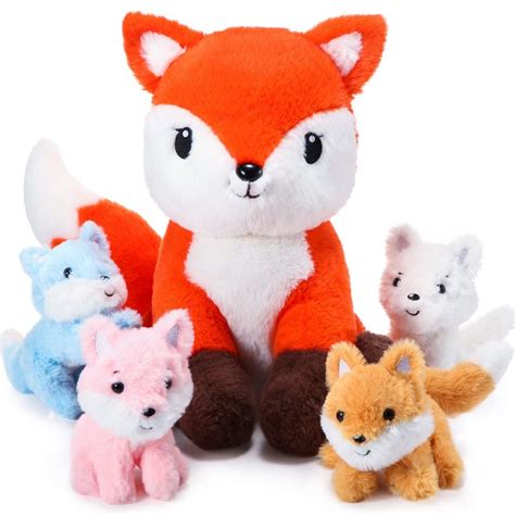 Hydren 5 Pcs Fox Plush Toy Set 14 Inch Mommy Fox Stuffed Animal With 4