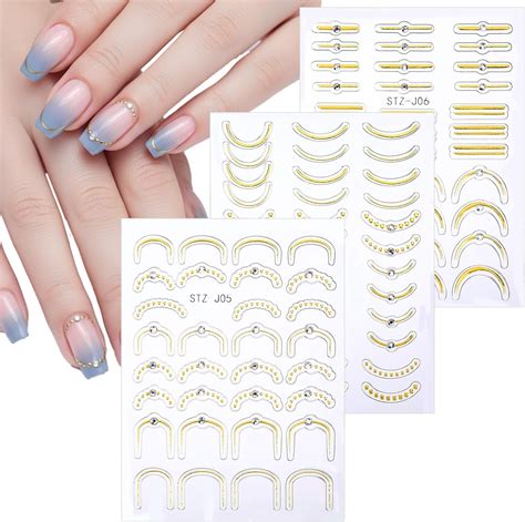 3 Sheets French Line Nail Art Stickers Gold 5d Embossed French Tip Nail Stickers
