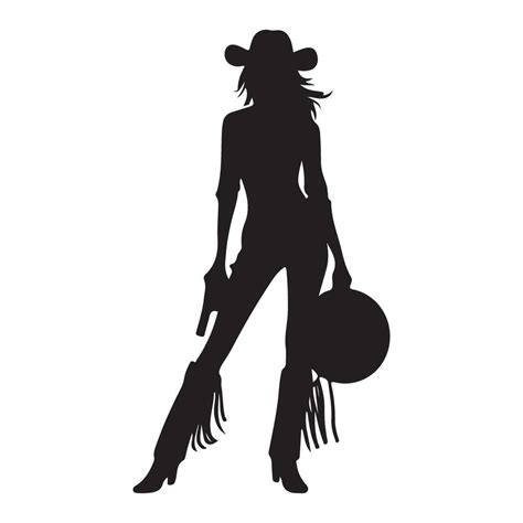 Full Body Cowgirl Silhouette Holding A Gun And Hat Illustration