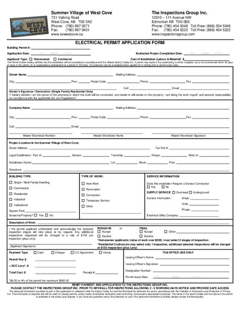 Fillable Online Electrical Permit Application Summer Village Of West Cove Fax Email Print