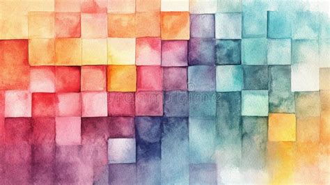 Vibrant Watercolor Background With Colorful Square Patterns Stock