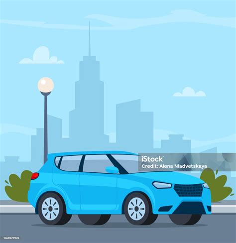 빨간색 현대 Suv 자동차 측면도 고층 건물이 배경에 고층 빌딩이 있는 현대적인 도시 풍경 벡터 그림입니다 거리에 대한 스톡 벡터 아트 및 기타 이미지 Istock