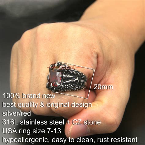 Mens Retro Dragon Claw Red Cz Stainless Steel Biker Ring Best Quality