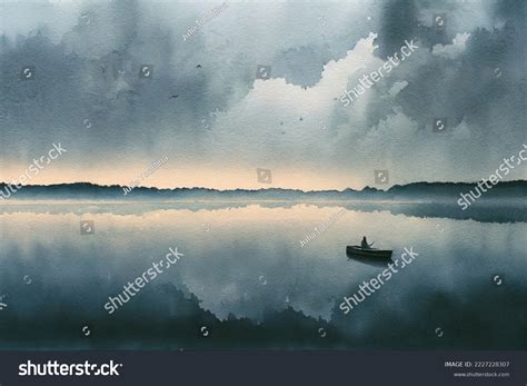 Watercolor Painting Lake Lonely Man Boat Stock Illustration 2227228307