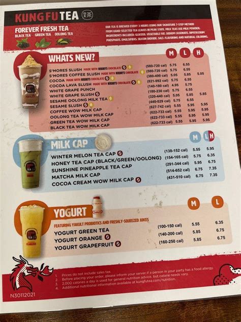 Menu At Kung Fu Tea East Meadow