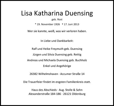 Traueranzeigen Von Lisa Katharina Duensing Nordwest Trauer De
