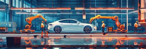 A Modern Car Assembly Line With Robotic Arms And Workers Assembling A White Car In A Dynamic