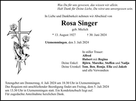 Traueranzeigen Von Rosa Singer Ostalbtrauer