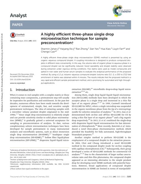 Pdf Highly Efficient Three Phase Single Drop Microextraction Technique For Sample Preconcentration