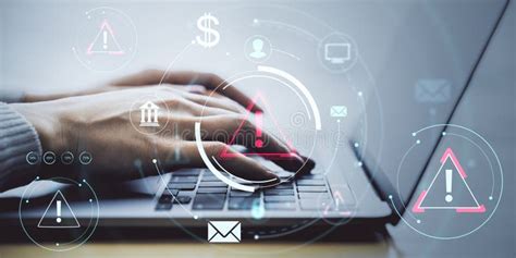 Person Typing On Laptop With Cybersecurity Warning Icons And Digital Interface Over Light