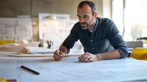 A Focused Architect In Profile View Working At A Drafting Table