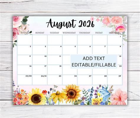 Editable August 2026 Calendar Summer Sunflowers Nature Printable Wall