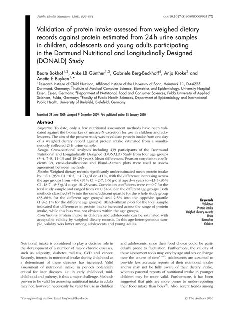 Pdf Validation Of Protein Intake Assessed From Weighed Dietary Records Against Protein
