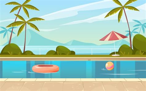 Vista De La Piscina O Banner De Vector De Paisaje Junto A La Piscina