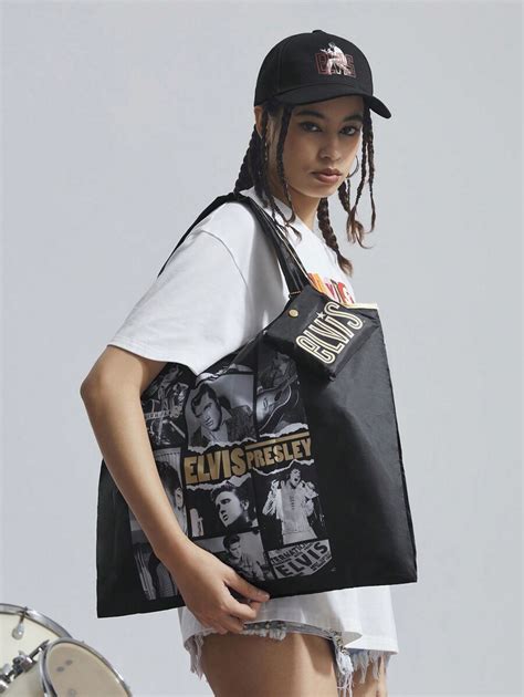 Elvis Presley X Shein Character And Letter Printed Contrast Binding Foldable Portable Shopping