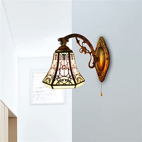 Stained Glass Bell Wall Sconce With Aged Brass Curved Arm 1 Light Lodge