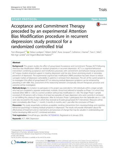 Pdf Acceptance And Commitment Therapy Preceded By An Experimental Attention Bias Modification