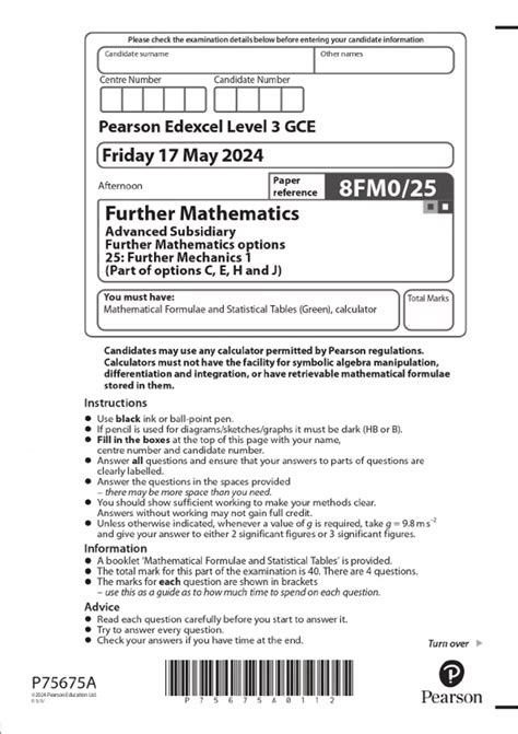 Pearson Edexcel Level 3 Gce Further Mathematics Advanced Subsidiary