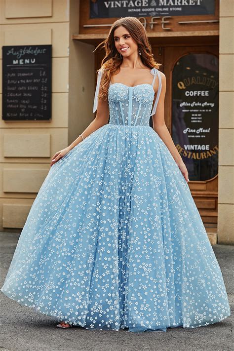Zapakasa Women Sky Blue Corset Prom Dress With Florals A Line Spaghetti