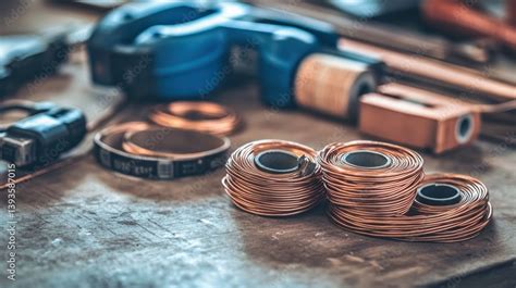 Coiled Copper Wires Electrical Tape And Wire Strippers On A Workbench Beside Safety Manual