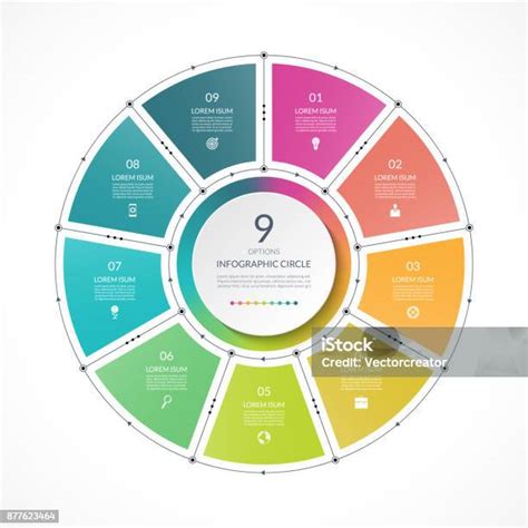 Infographic 얇은 라인 플랫 스타일에 동그라미입니다 9 옵션 부품 단계 비즈니스 프레 젠 테이 션 템플릿 주기형 다이어그램 그래프 원형 차트에 사용할 수 있습니다