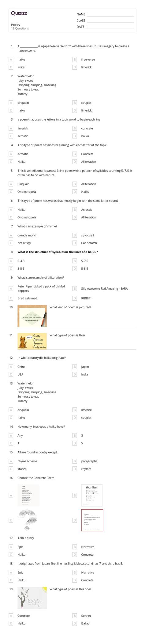 50 Poetry Worksheets For 4th Class On Quizizz Free And Printable