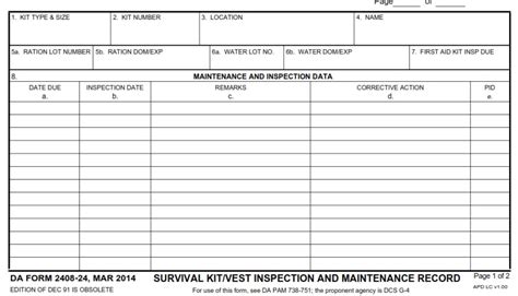 Da Form 2408 24 Survival Kitvest Inspection And Maintenance Record