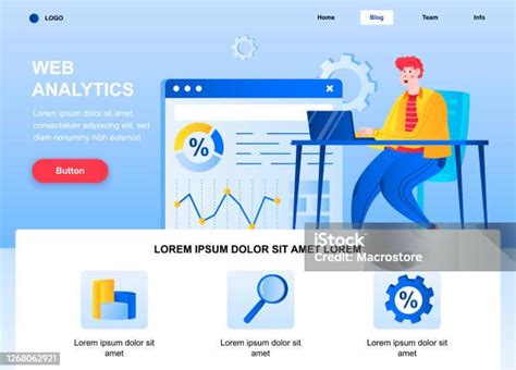 웹 분석 평면 방문 페이지입니다 데이터 웹 페이지를 분석하는 분석가 사람 캐릭터 벡터 일러스트와 다채로운 구성 개념에 대한 스톡 벡터 아트 및 기타 이미지 Istock