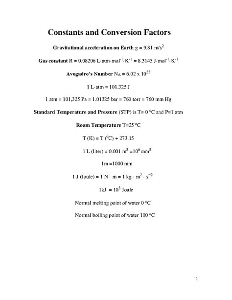 1404 Exam1 Equation Sheet 1 Constants And Conversion Factors Gravitational Acceleration On