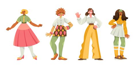 Diverse Cheerful Women In Retro 1960s Clothes Walking Standing Waving
