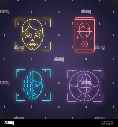 Facial Recognition Neon Light Icons Set Biometric Identification Faceprint Analysis Face Scan