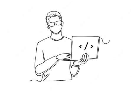 Premium Vector Single One Line Drawing Man Carrying Laptop For Coding Programming Code Concept